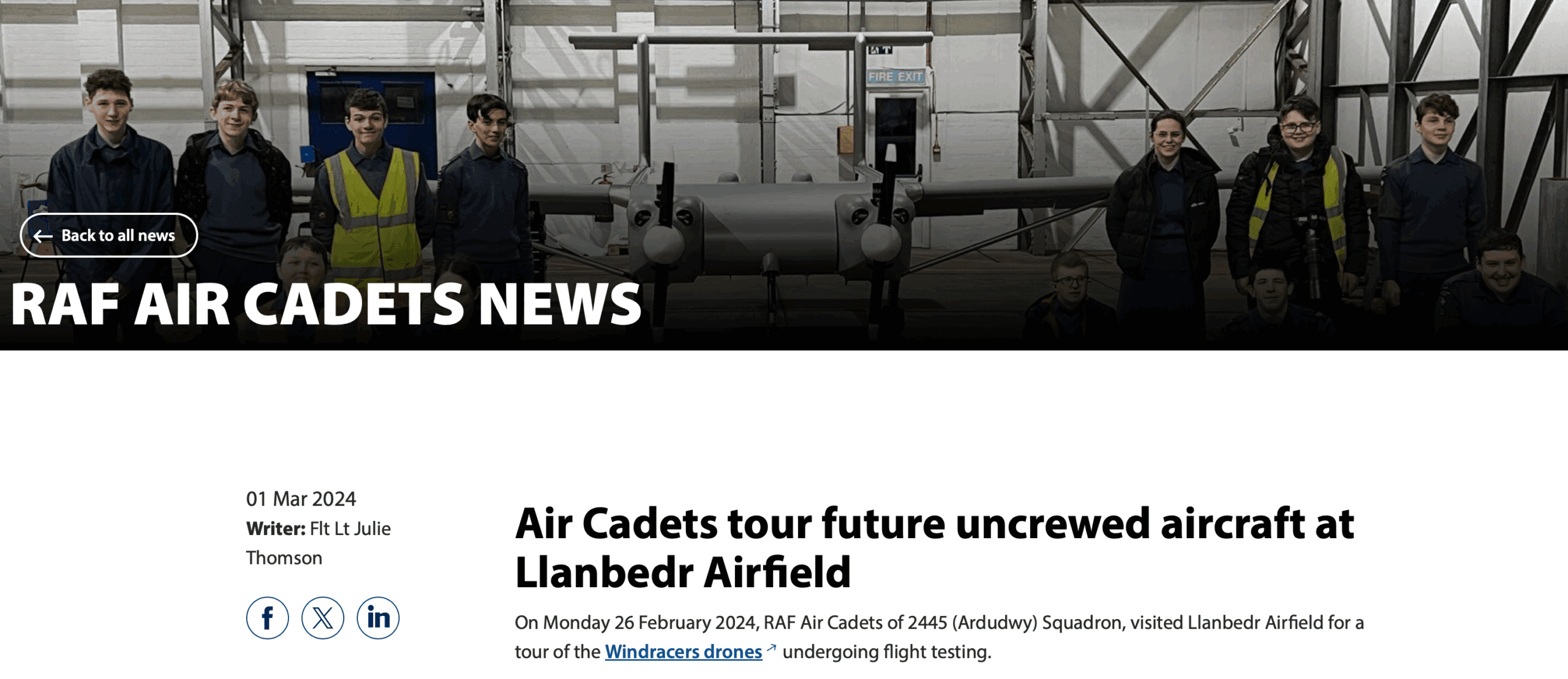 RAF CADETS: Air Cadets tour future uncrewed aircraft at Llanbedr Airfield | Windracers